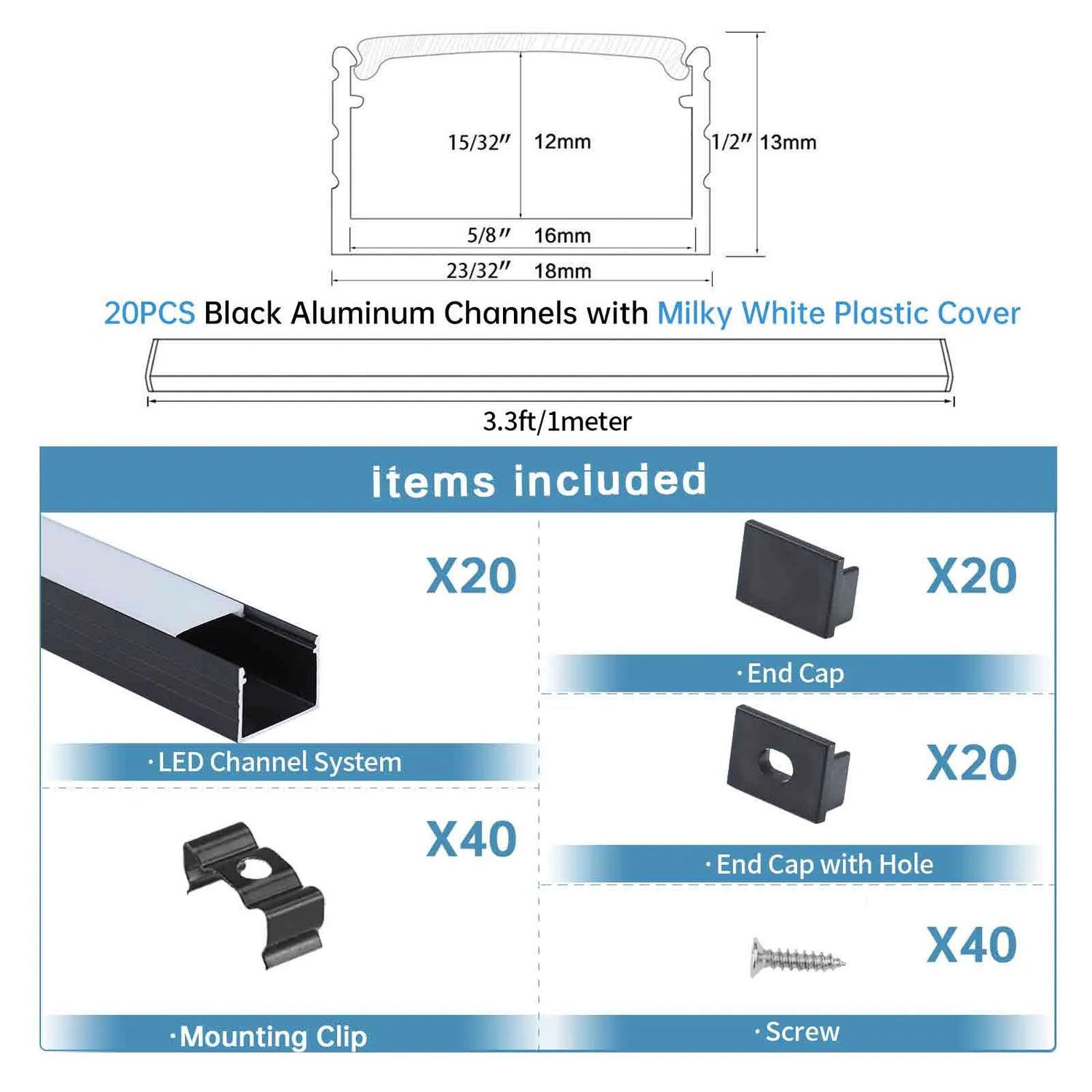 Black LED Channel with Frosted Milky White Diffuser Cover 18x13mm ...